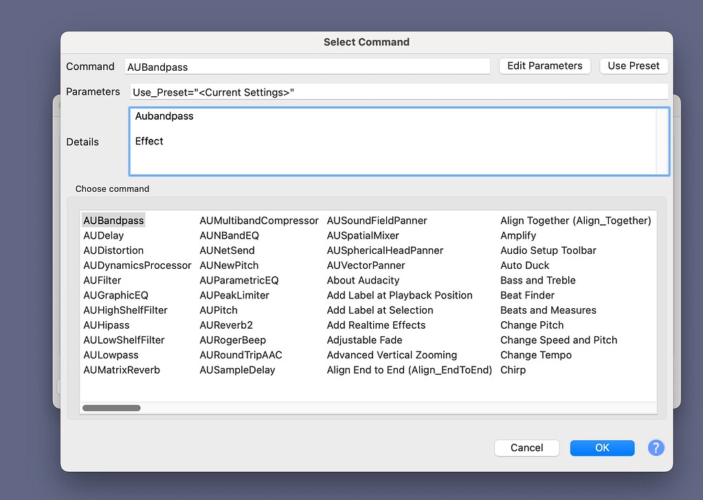 Can not Create Macro as the Command Library Showing A Few Effects - macOS - Audacity Forum
