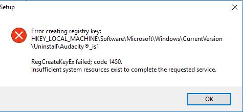 RegCreateKeyEx failed code 1450 - Windows - Audacity Forum