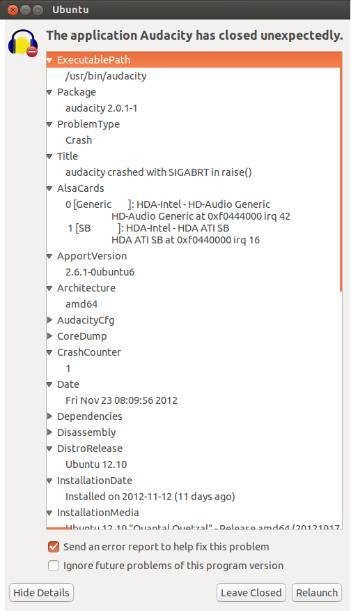 Audacity 2.0.2 Crashes after about a minute, every time. - GNU/Linux - Audacity Forum