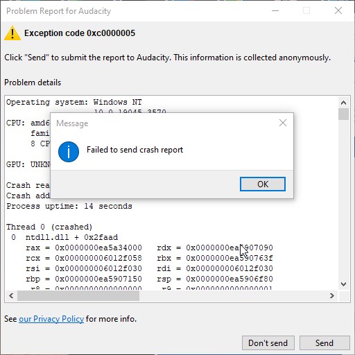 Crash Reporting fails to send crash report - Windows - Audacity Forum Crash Reporting fails to send crash report - Windows - Audacity Forum