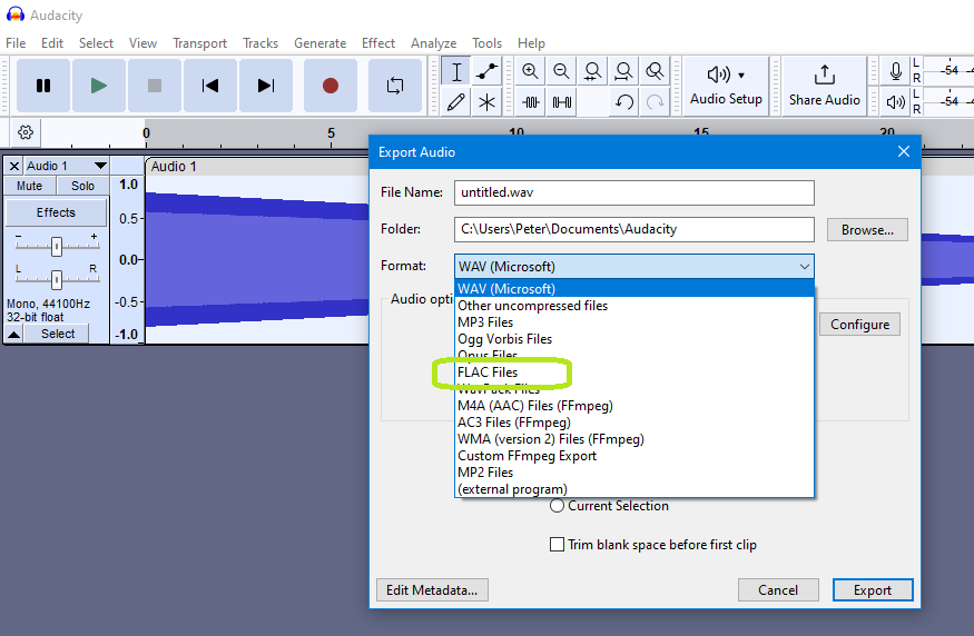 FLAC missing in the export screen as a export option - Windows - Audacity Forum