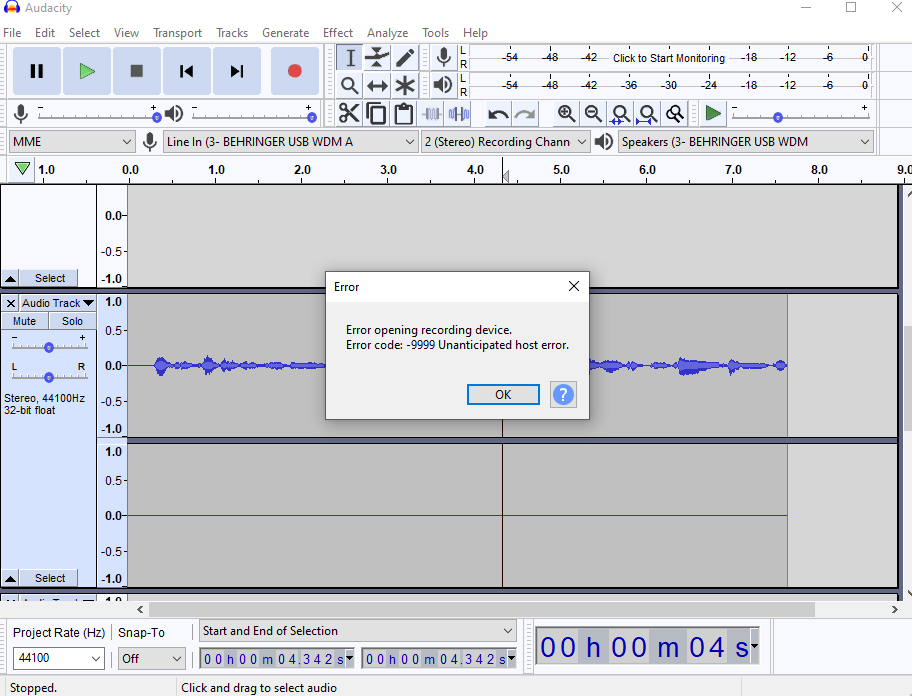 Problem with error 99999 - Windows - Audacity Forum