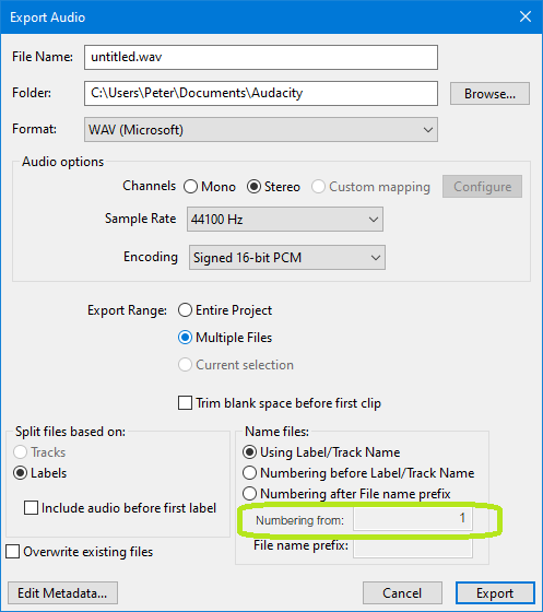 Exporting multiple files, numbering from a certain number - Windows - Audacity Forum