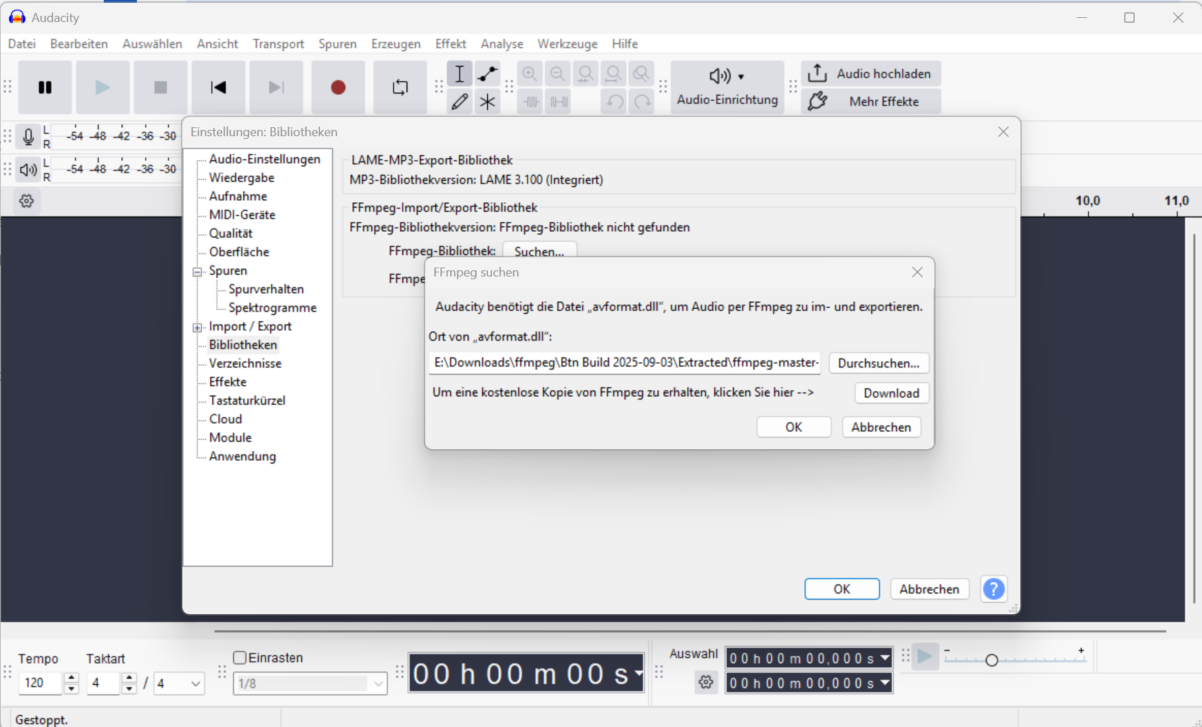Select library dialogue not working - after manually selecting ffmpeg library avformat-62.dll ...