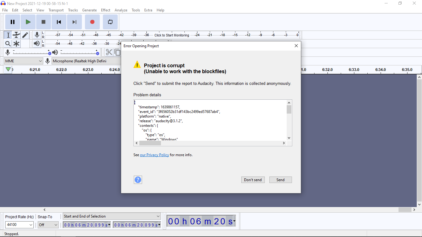Need help! I got 'Project is corrupt. (Unable to work with the blockfiles)' - Windows - Audacity ...